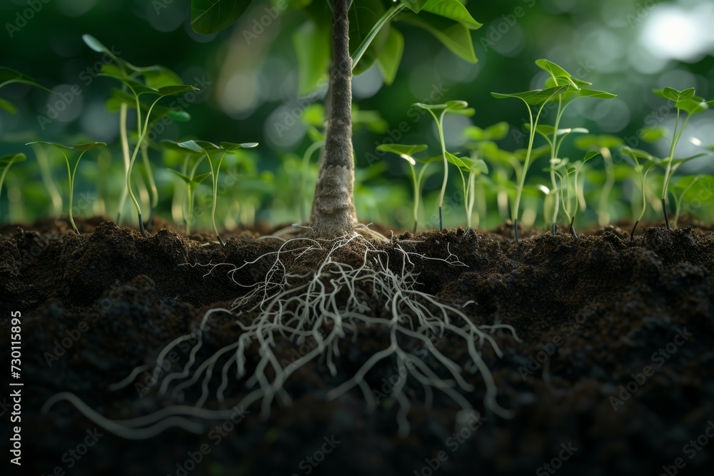Long-rooted seedlings are growing under the ground after planting ...