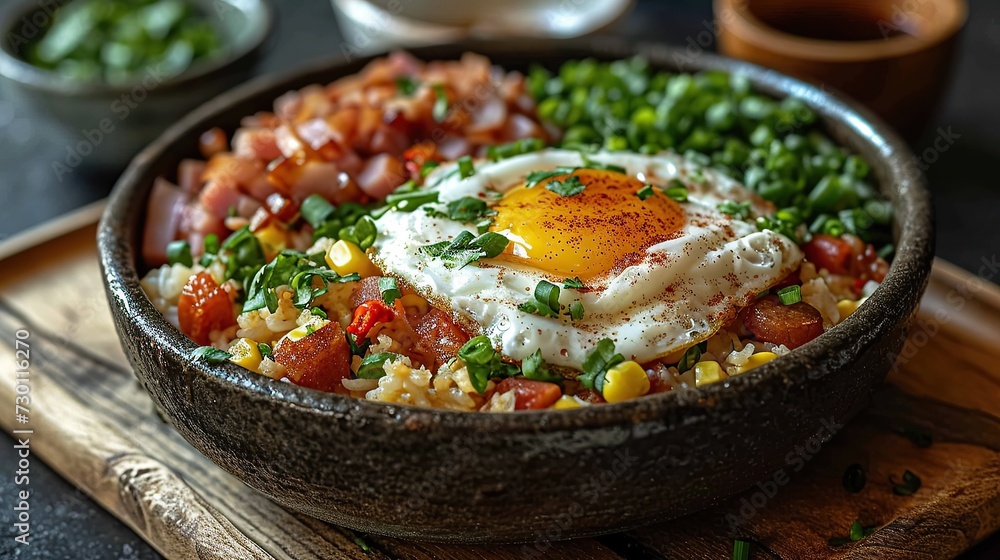 Thai breakfast called Kai Kata, consisting of fried eggs with ham, pork ...