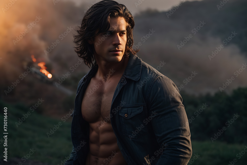 Shirtless Man Standing in Front of Fire, Strong Pose Against Warm Glow ...