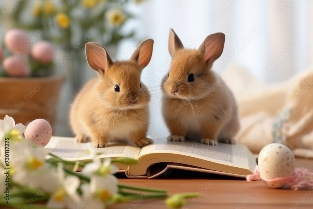 Two cute rabbits are sitting on an open book among spring flowers and ...