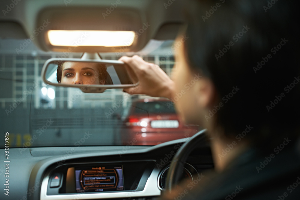Woman, car and checking mirror in parking lot for observation ...