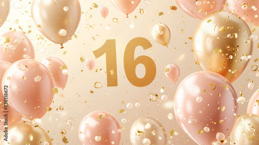 Happy Birthday 16 years anniversary of the person birthday, balloons in ...