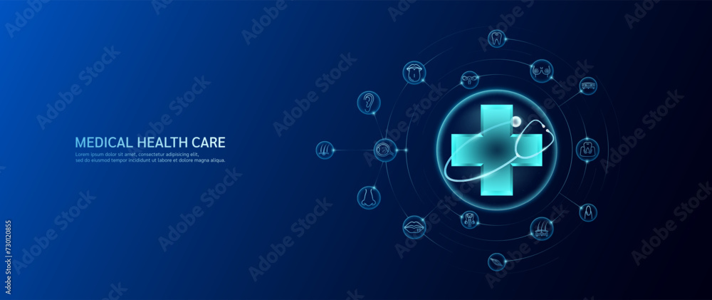 Stethoscope surround sign blue cross with human organ icons. Health ...