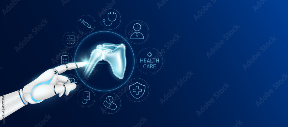 Doctor robot cyborg finger touching shoulder with medical icons. Human ...