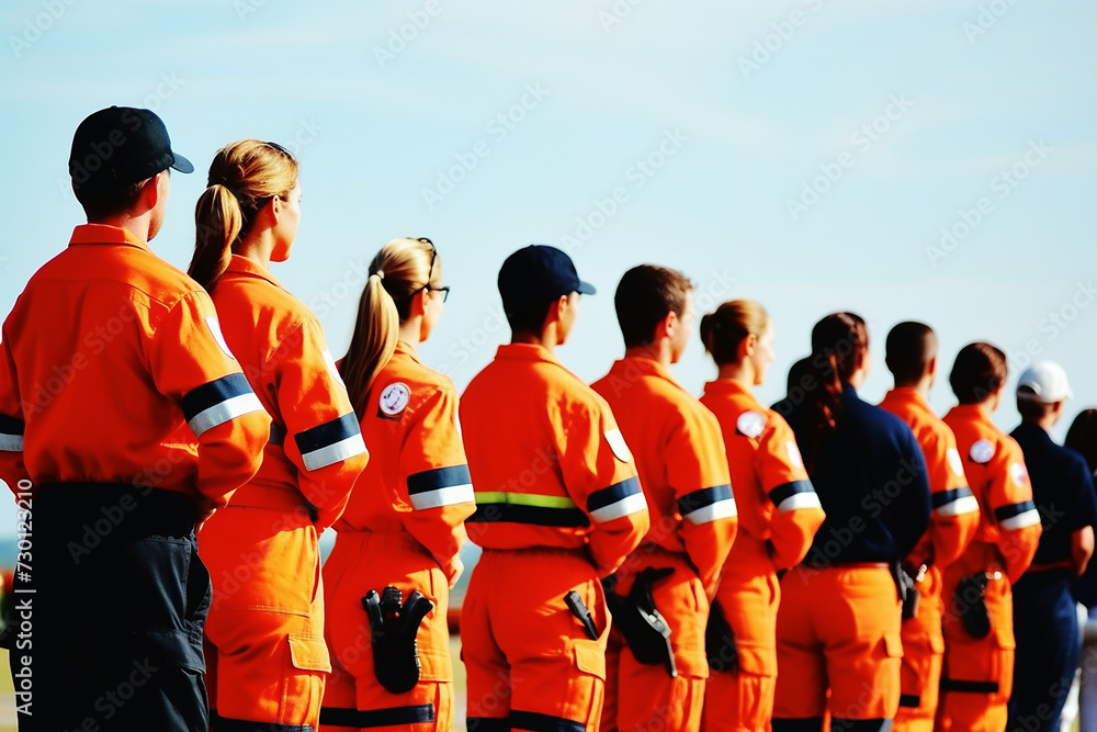 Firefighter works in burning building fireman on flame back view ...