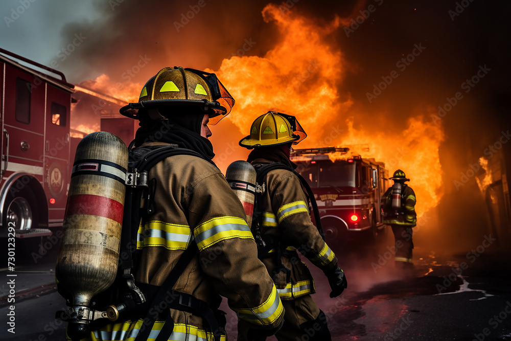 Firefighter works in burning building fireman on flame back view ...
