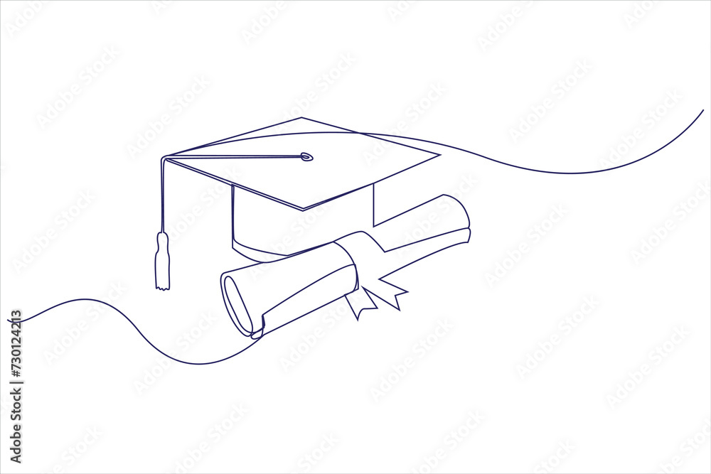 Graduation cap and diploma in continuous one line drawing illustration ...