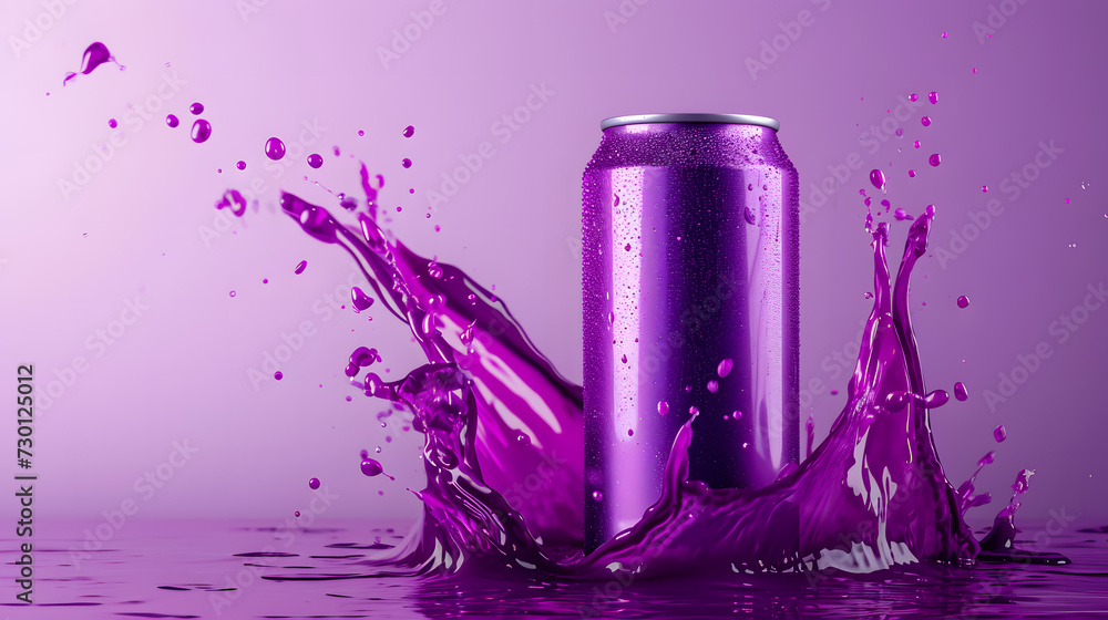 Blank purple soda can mockup with purple juice splashes around Stock ...