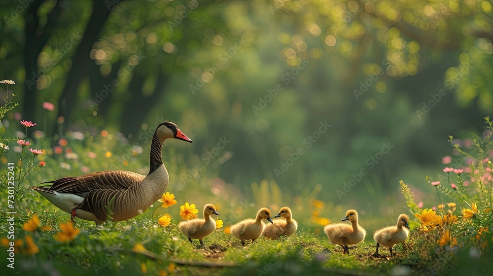 Embodying the joy of new life, a mother goose leads her young goslings ...