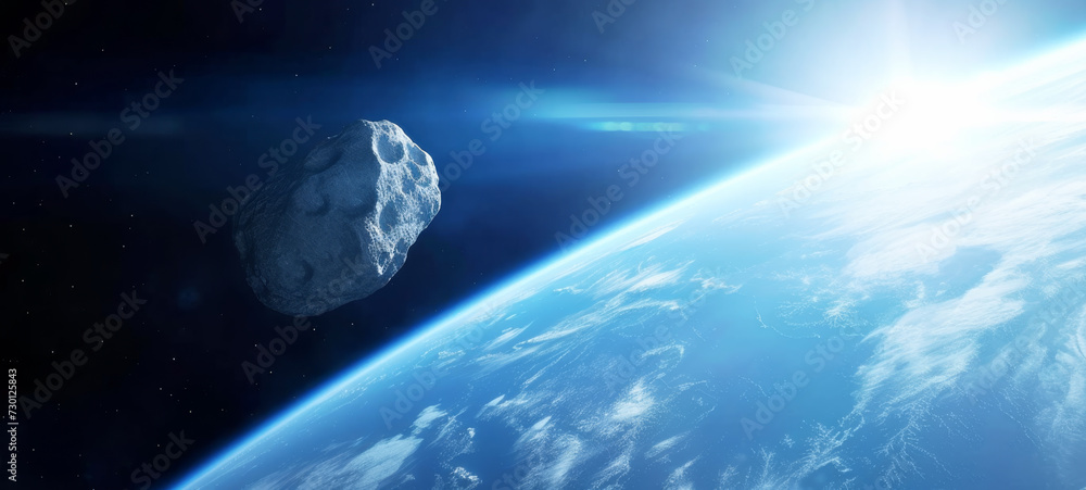 Meteor approaching Earth in space, the meteorite is approaching the planet, Burning exploding ...