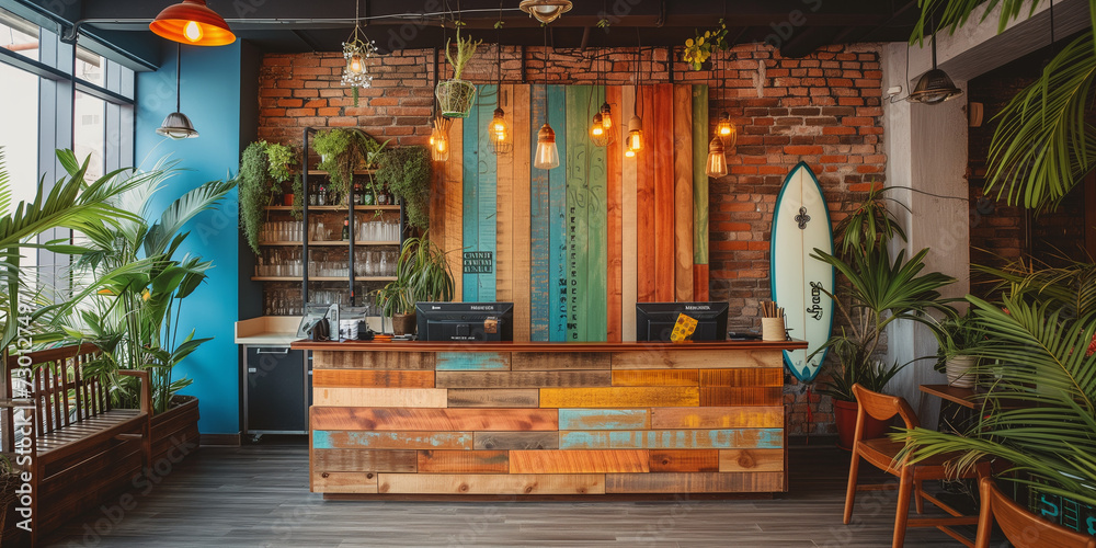 Reception desk of a boho style hostel at the sea near the bech, desk ...