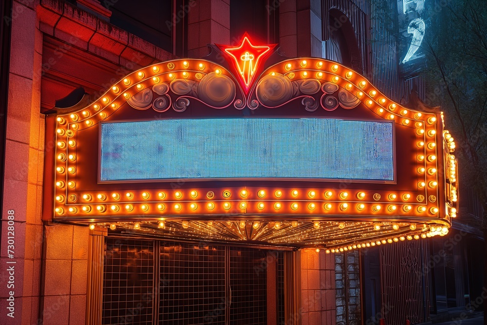The theater marquee comes alive with a dazzling display of vibrant ...
