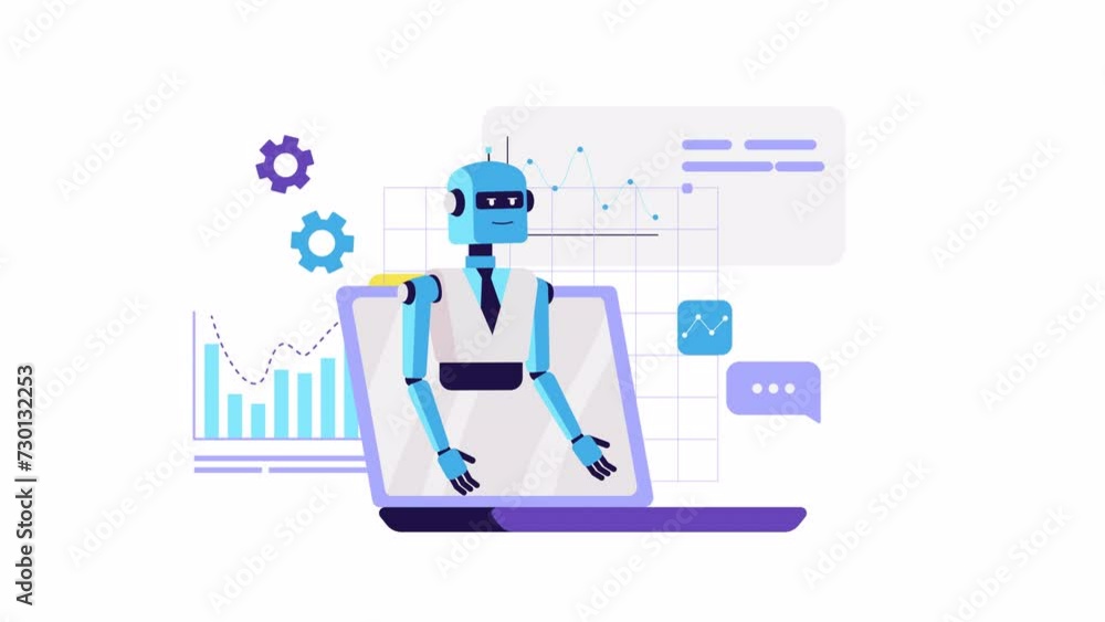 Robot talking animation. Laptop, graphs, business concept. Chat bot ...