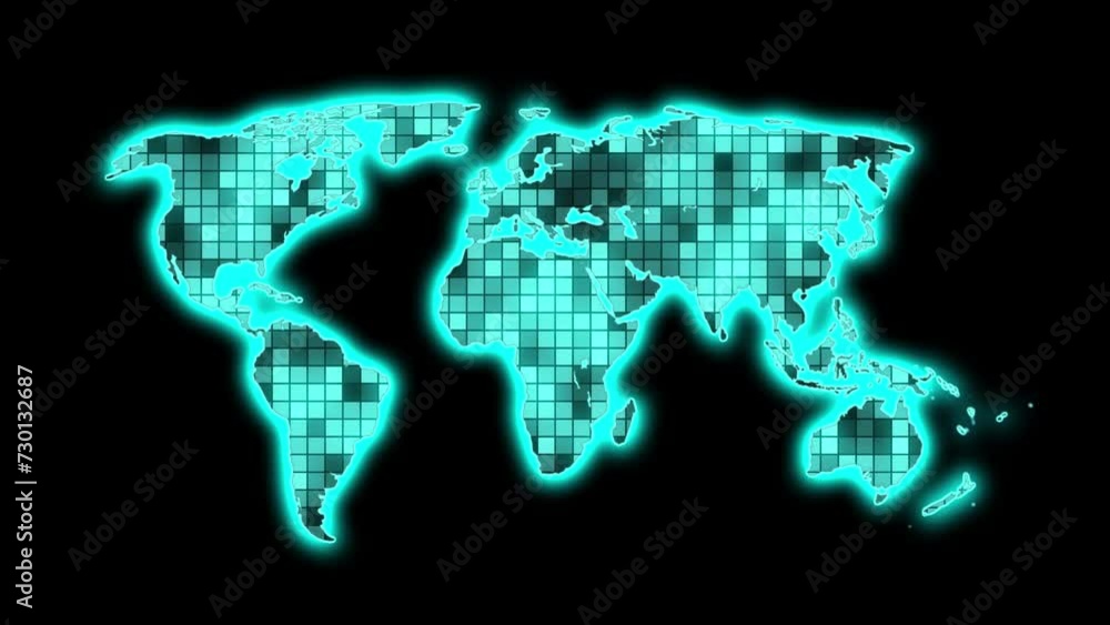 Vidéo Stock Turquoise pixelated world map with backlight effect around ...