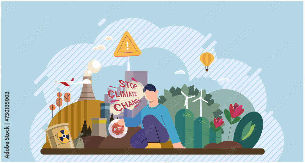 Climate change. Save the planet. Vector illustration Choose renewable resources to reduce ...