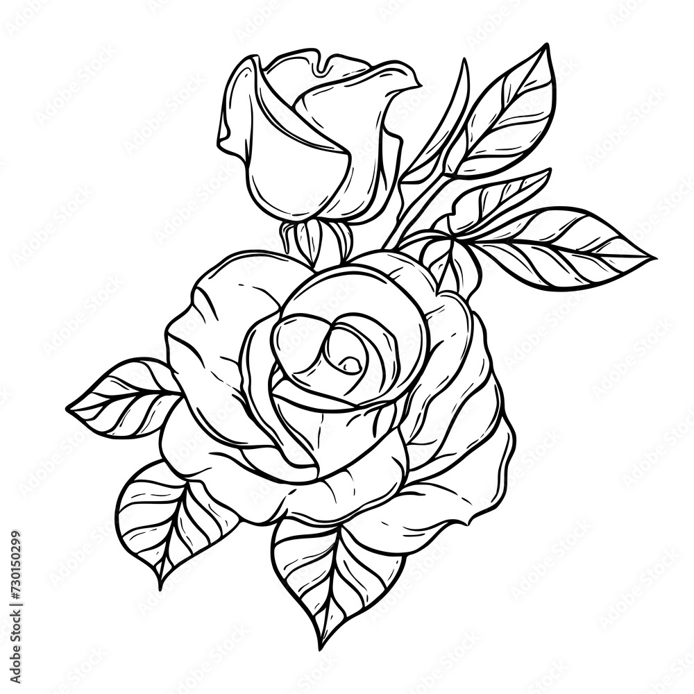 Rose Line Drawing. Black and white Floral design. Fine line Rose ...
