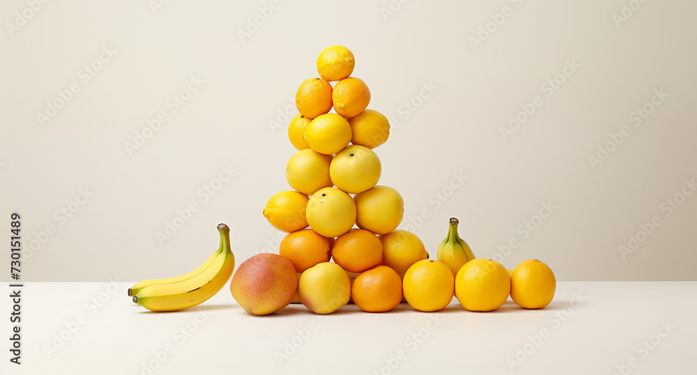 Still life, pyramid of yellow fruits. Neutral background. Stock Photo ...