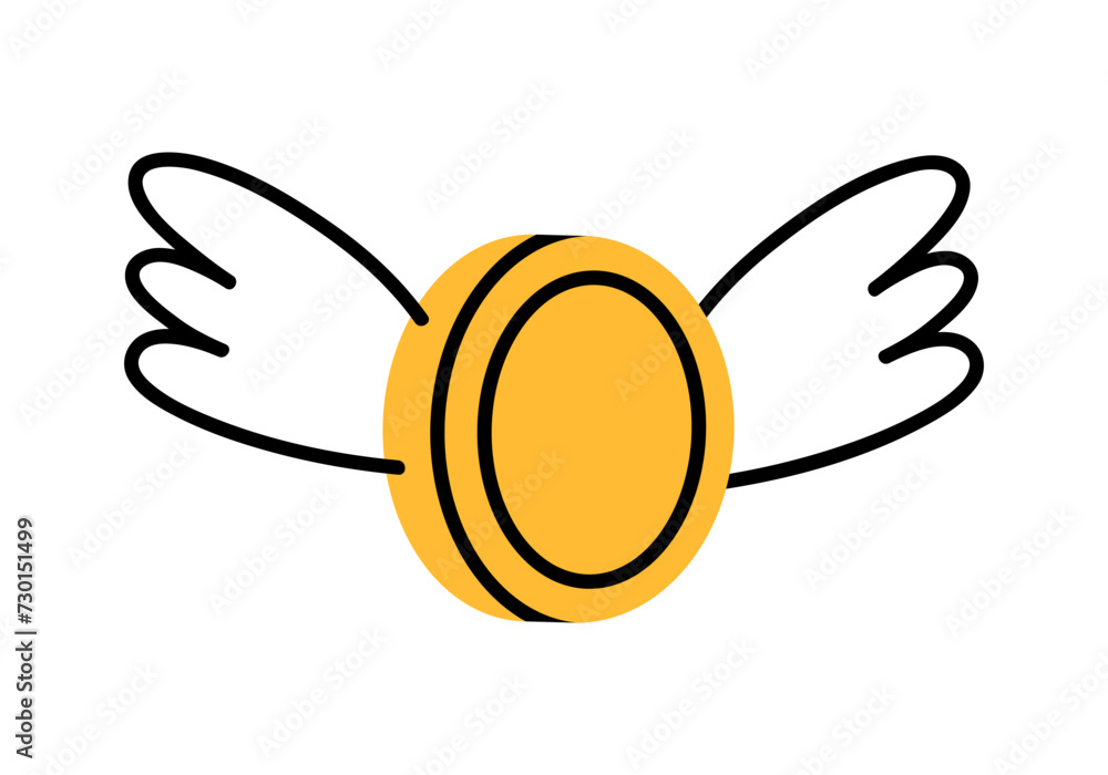 Hand drawn cute cartoon illustration of coin with outline wings. Flat ...