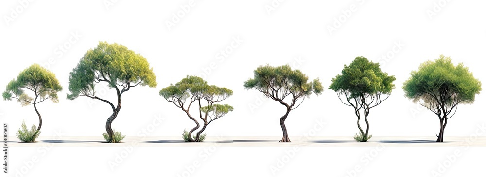 Artistic illustration of diverse trees set against pristine white ...