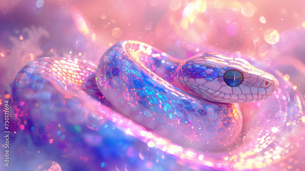 Opal rainbow snake closeup, Color sparkle snake on branch. Magic snake ...