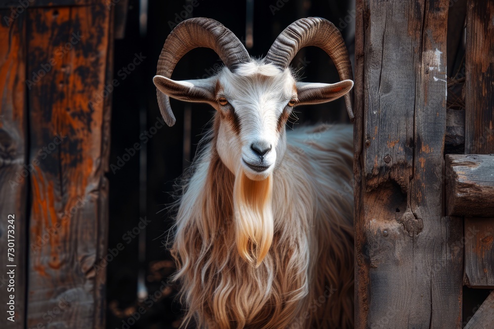 Majestic White Goat with Curled Horns, A majestic white goat with large ...