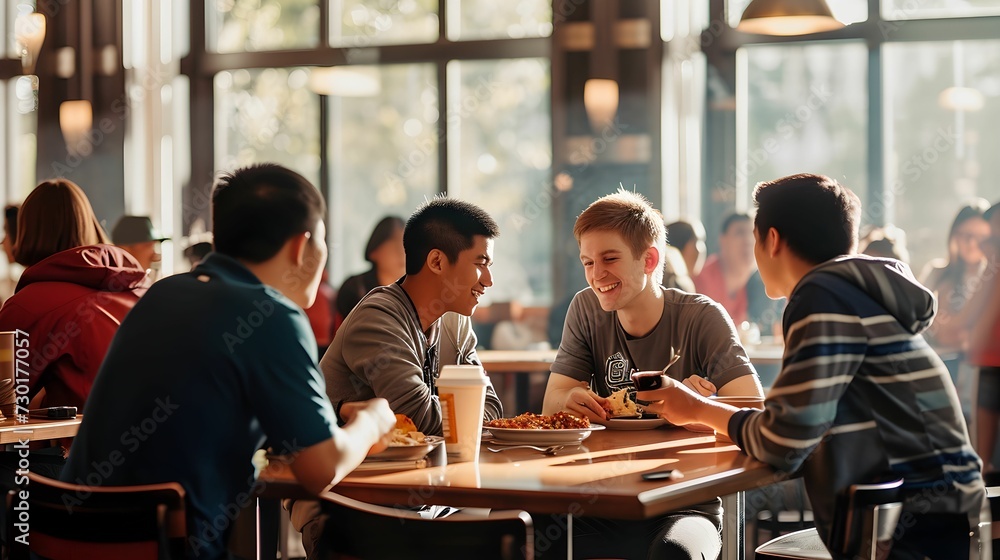 Laughing and chatting, a group of high school students gather for a ...