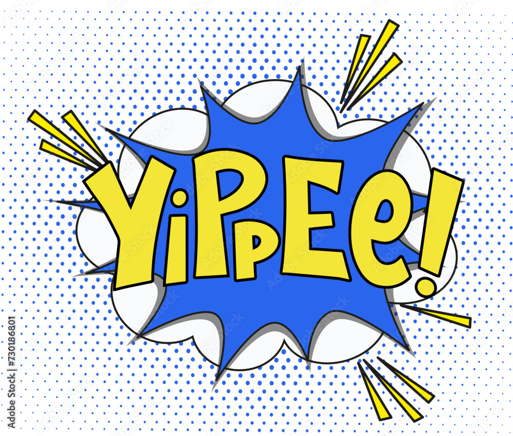 Comic lettering yippee with red lips and an open mouth. Vector bright cartoon illustration in ...