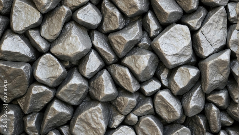 Variously shaped silver-grey stones with a shiny finish, creating a ...