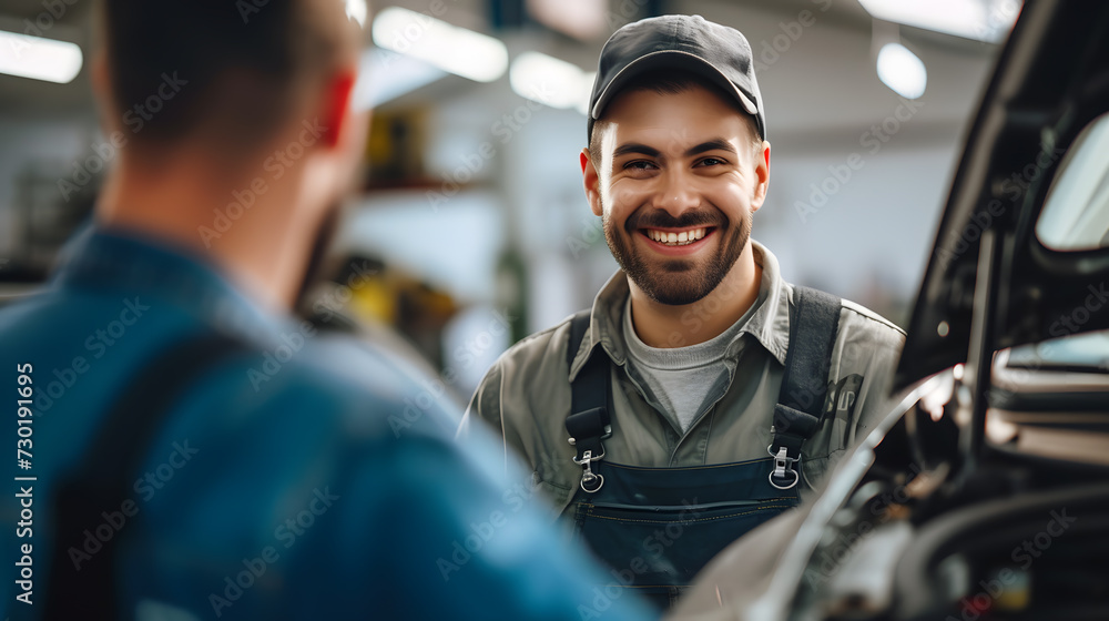 A mechanic smiling at a customer, after successfully fixing their car ...