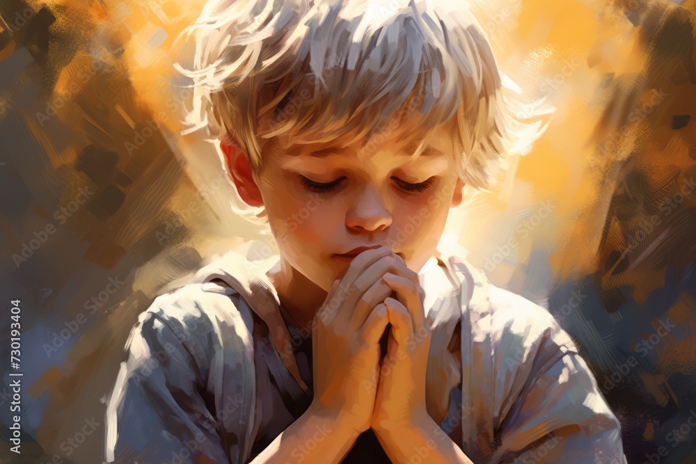 A young boy child praying in the golden sunlight, youthful, cute and ...