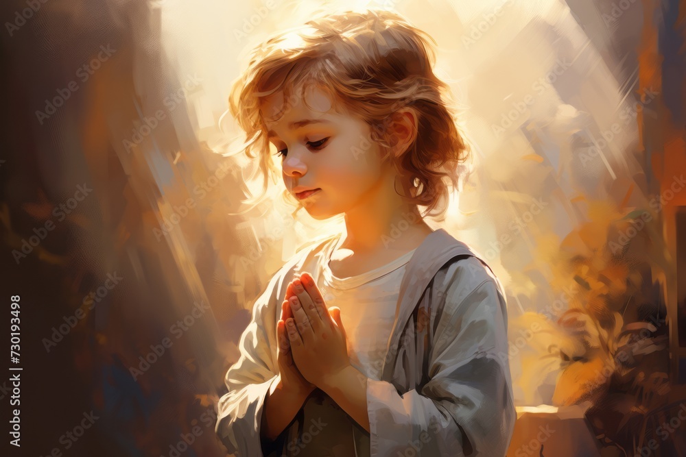 A young boy child praying in the golden sunlight, youthful, cute and ...