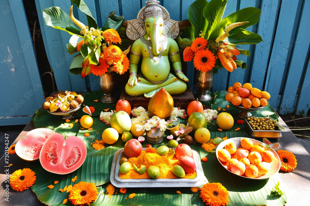 Statue Of Lord Ganesha sitting on golden asana with fruits and flowers ...