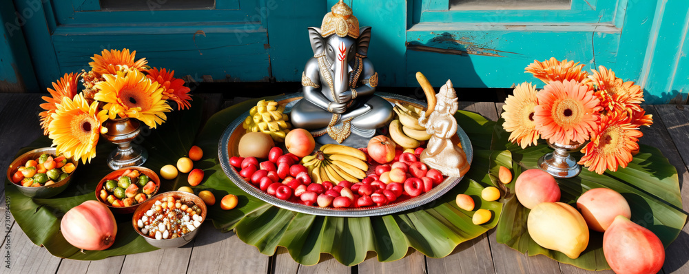 Statue Of Lord Ganesha sitting on golden asana with fruits and flowers ...