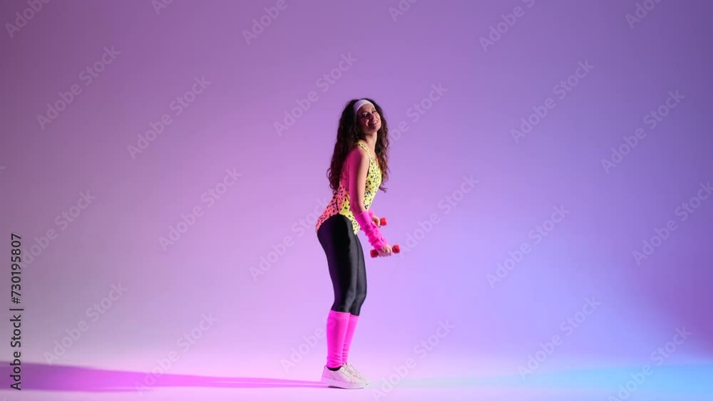 Lively girl from the 80s, dressed in sporty retro attire, brings energy ...