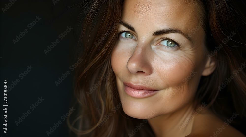 Portrait of a confident woman with a subtle smile on a dark backdrop ...