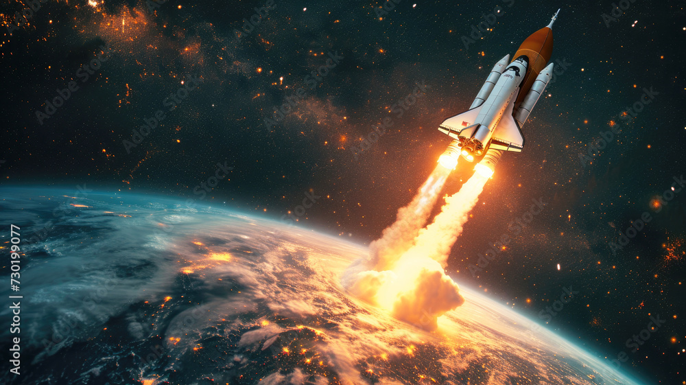 Launch of a space rocket that leaves Earth's orbit and is propelled ...