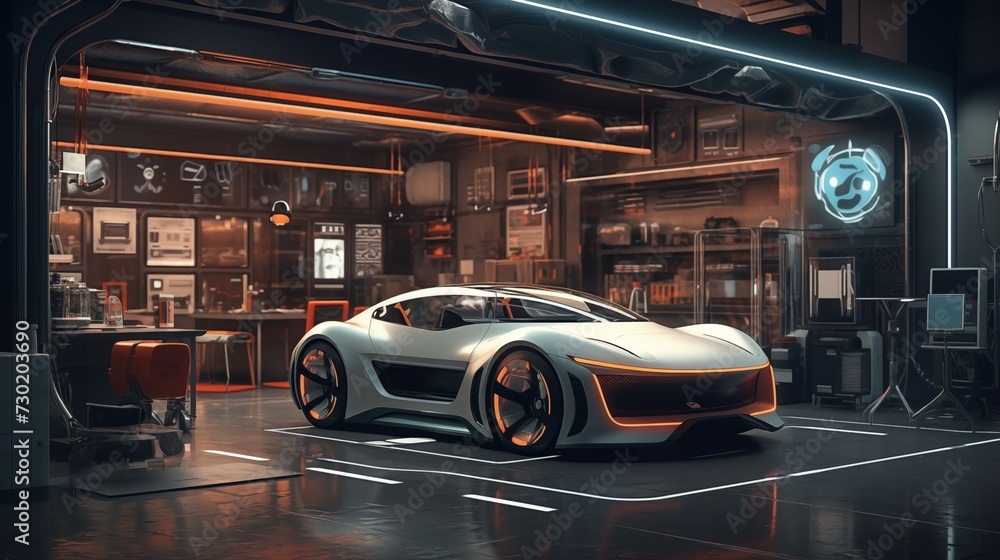 Futuristic auto repair workshop with modern futuristic sports car ...