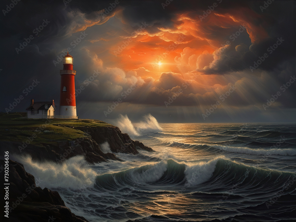 Lighthouse on the seaside, stormy sea with thunderclouds, the ...