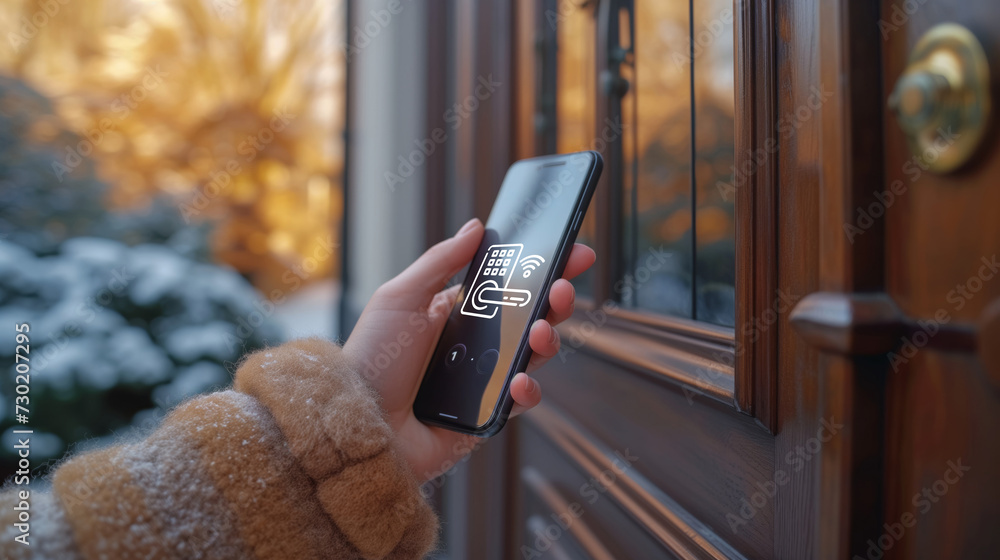 Hand with phone opens front door, smart door lock concept, smart home ...