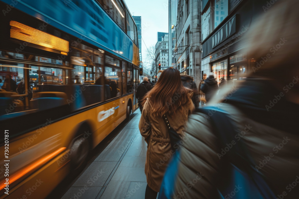 People rushing to the stopping bus to commute to work from a urban city ...