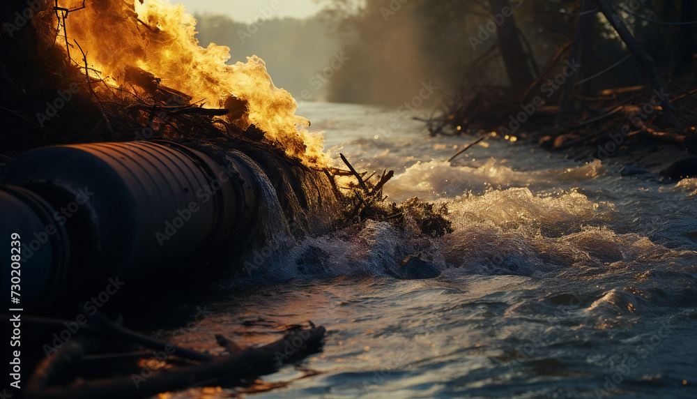 Recreation of broken industrial pipeline expelling waste a contaminated ...
