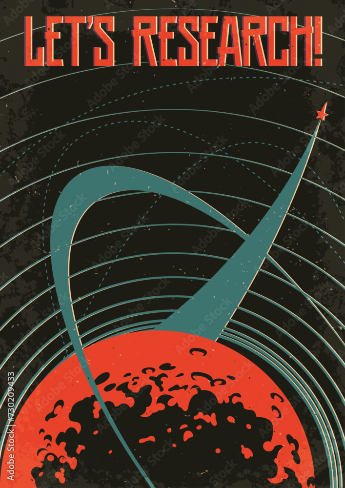 Let's research! Red Planet, Orbits and Space Rocket's launch. Retro ...