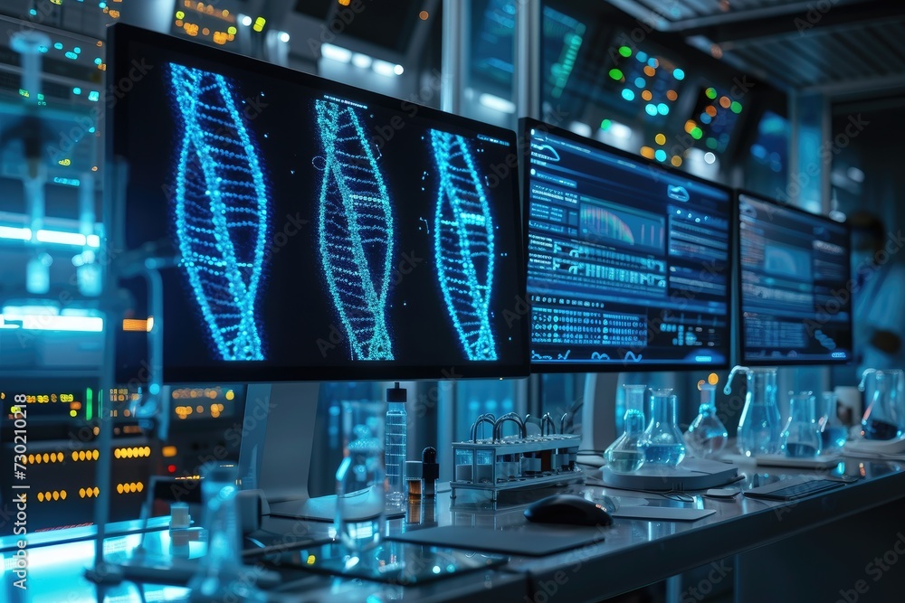 DNA structure sequencing data on multiple monitors in hightech laboratory setup featuring ...