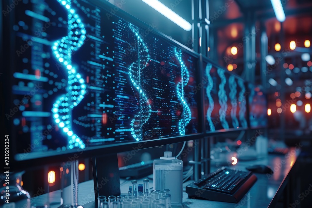 DNA structure sequencing data on multiple monitors in hightech laboratory setup featuring ...
