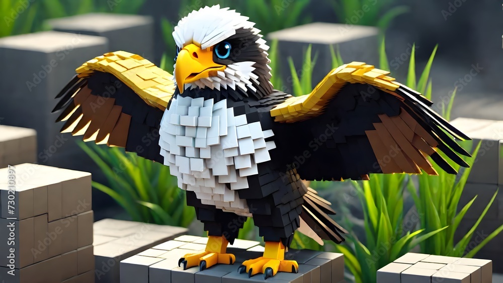 Voxel realistic eagle on neutral background made of 3D small cubes voxel illustration. Minecraft ...