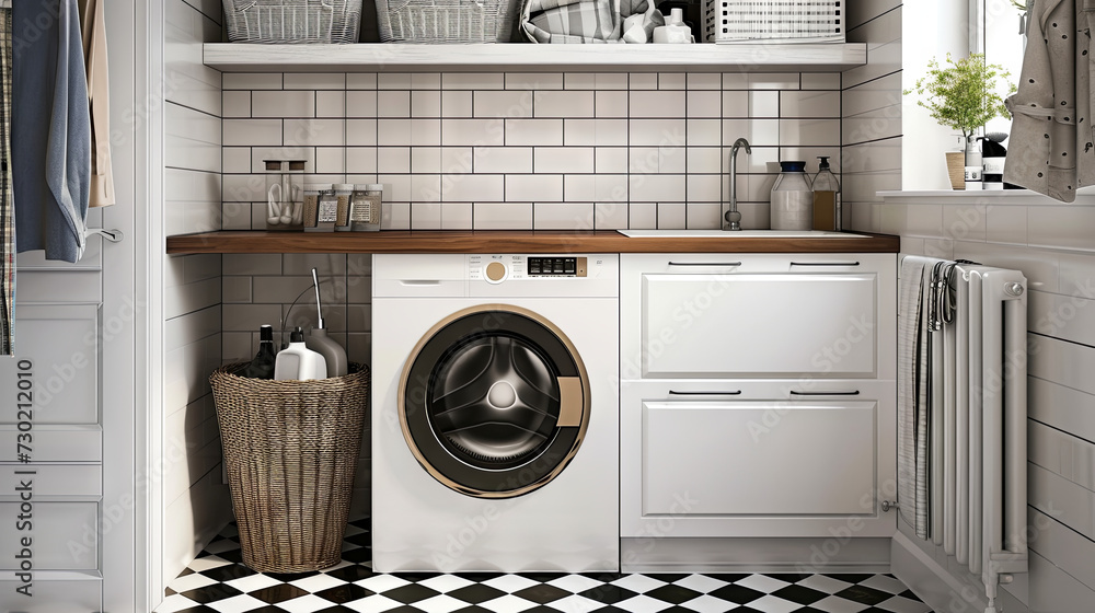 Modern bright laundry room with washing machine, wardrobe, laundry ...