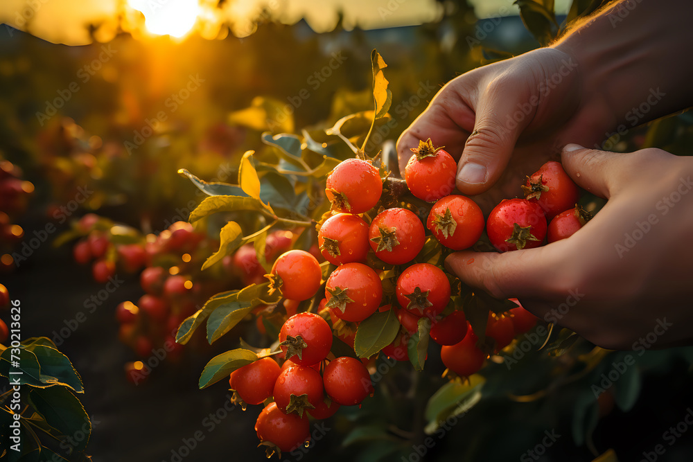 Harvest Glow: Sunset over Berry Fields. Golden hour illuminates a ...