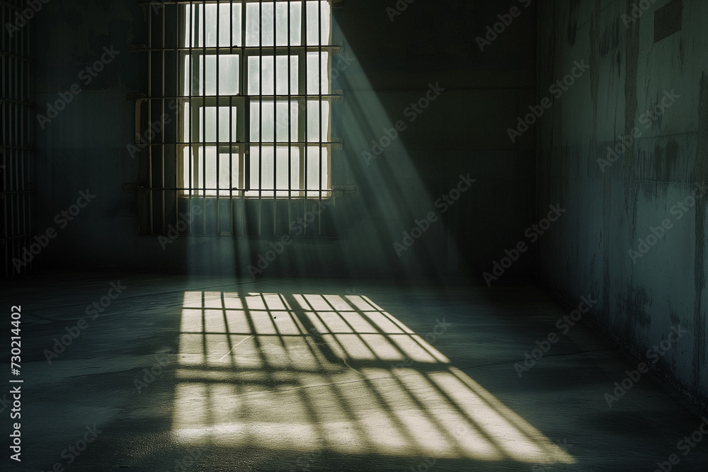 Perspective view from inside a prison cell, bars casting shadows on the floor, capturing the ...