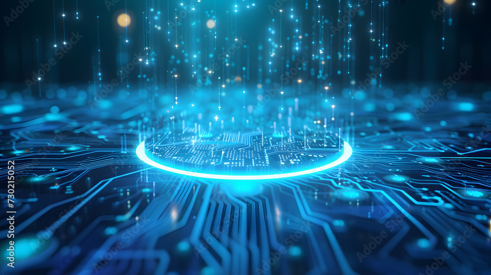 An image of a circuit board with a bright blue neon circle in the ...
