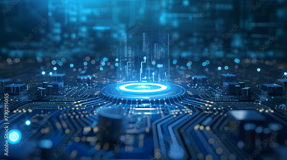 An image of a circuit board with a bright blue neon circle in the ...